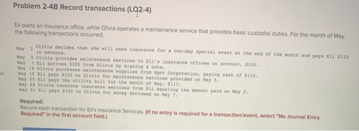 Solved Problem 2-4B Record transactions (LQ2-4) Eli owns an | Chegg.com