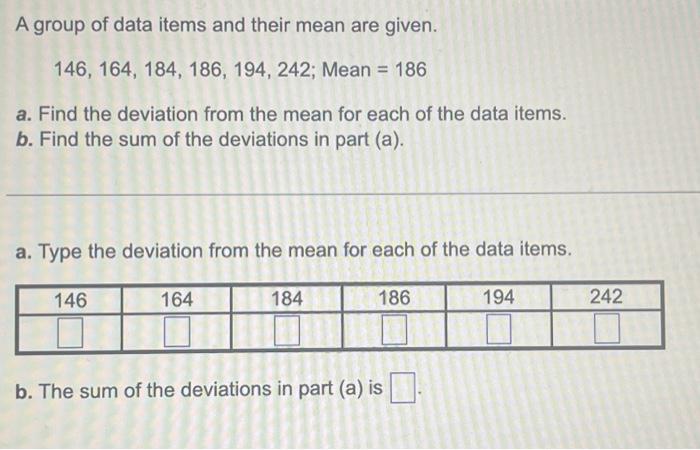 Solved 146,164,184,186,194,242; Mean =186 a. Find the | Chegg.com
