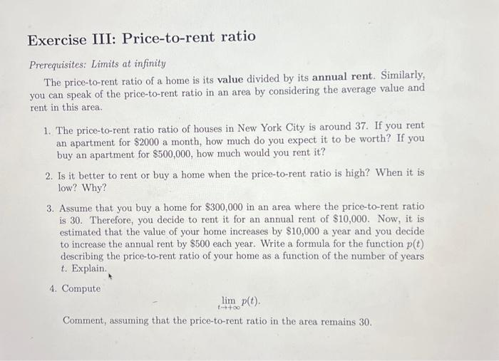 Solved Exercise III: Price-to-rent ratio Prerequisites: | Chegg.com