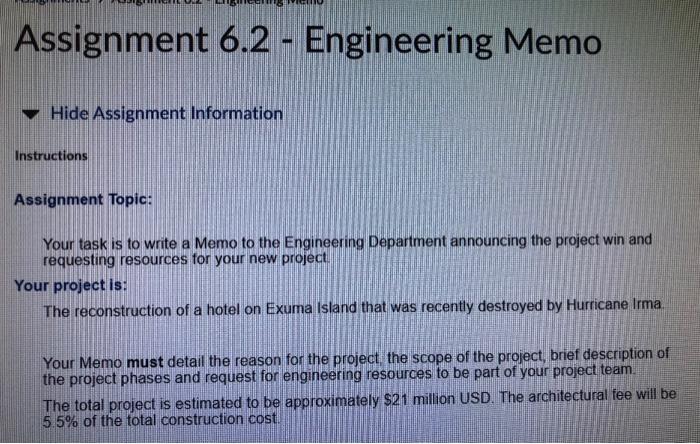 Solved Assignment 6.2 - Engineering Memo Hide Assignment | Chegg.com Solved Assignment 6.2 - Engineering Memo Hide Assignment | Chegg.com