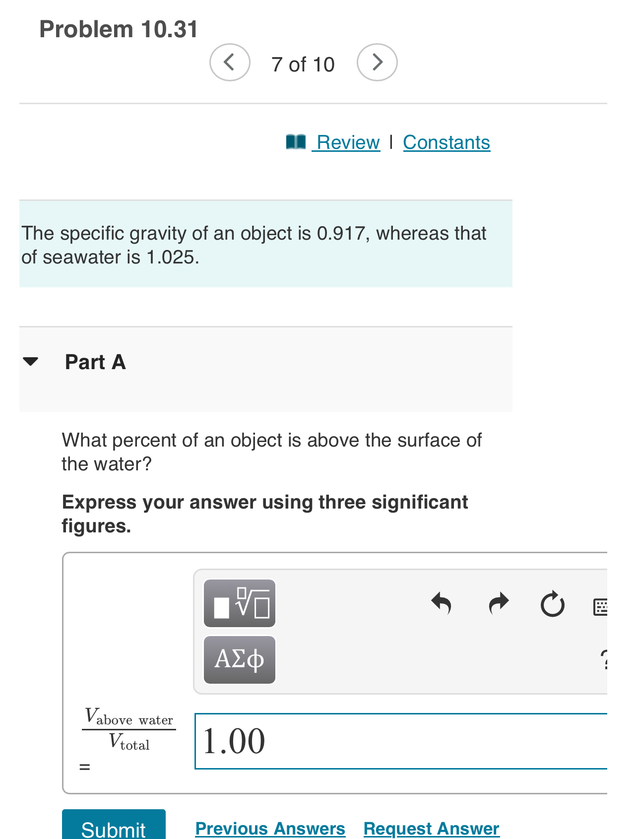 Solved Problem 10.317 ﻿of 10Review I ConstantsThe specific | Chegg.com