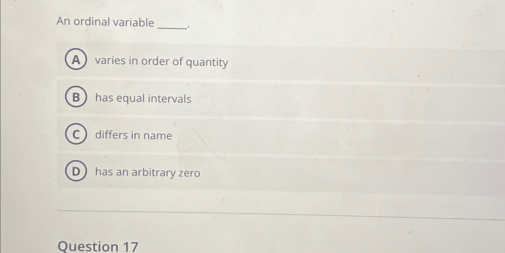 Solved An ordinal variablevaries in order of quantityhas | Chegg.com