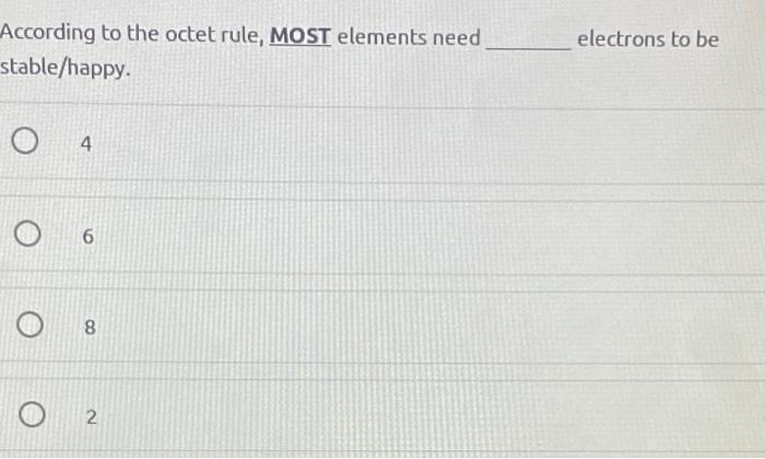 Solved electrons to be According to the octet rule, MOST | Chegg.com