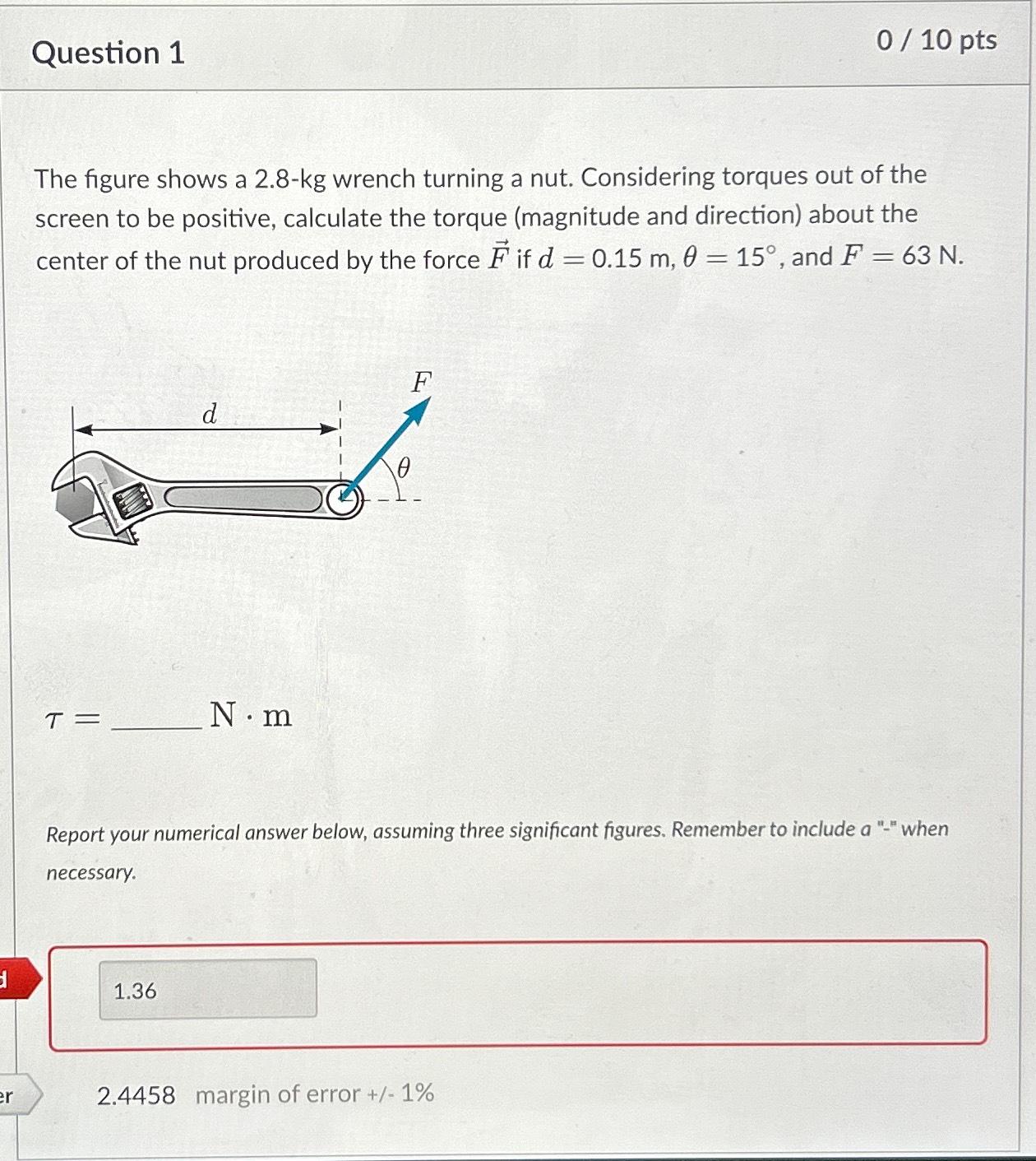 Solved Question 1010 ﻿ptsThe figure shows a 2.8-kg ﻿wrench | Chegg.com