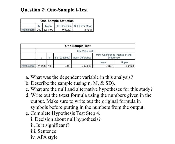 Solved Question 2: One-Sample t-Test a. What was the | Chegg.com
