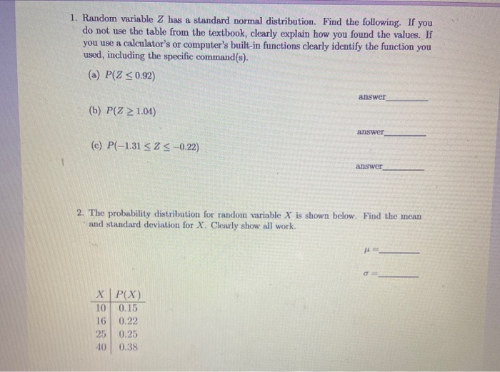 Solved 1. Random variable Z has a standard normal | Chegg.com