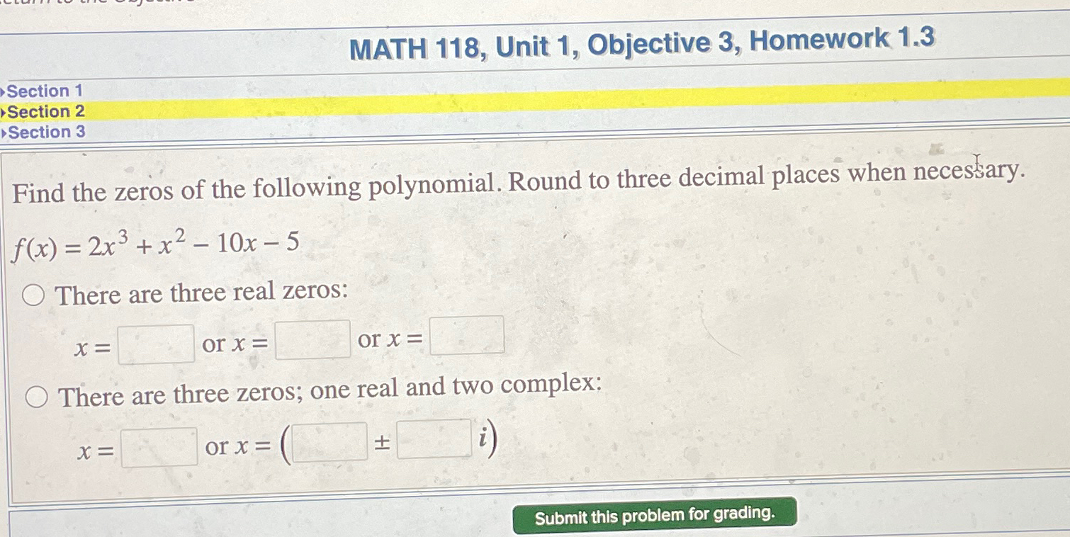 Solved MATH 118, ﻿Unit 1, ﻿Objective 3, ﻿Homework 1.3Section | Chegg.com