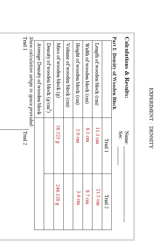 Solved EXPERIMENT: DENSITY Calculations & Results: Name: | Chegg.com