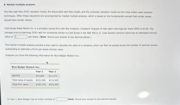 Solved 9. Market multiple analysis The free cash flow (FCS) | Chegg.com