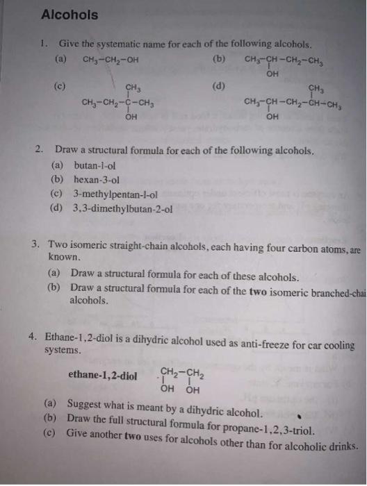 Solved Alcohols 1. Give the systematic name for each of the | Chegg.com