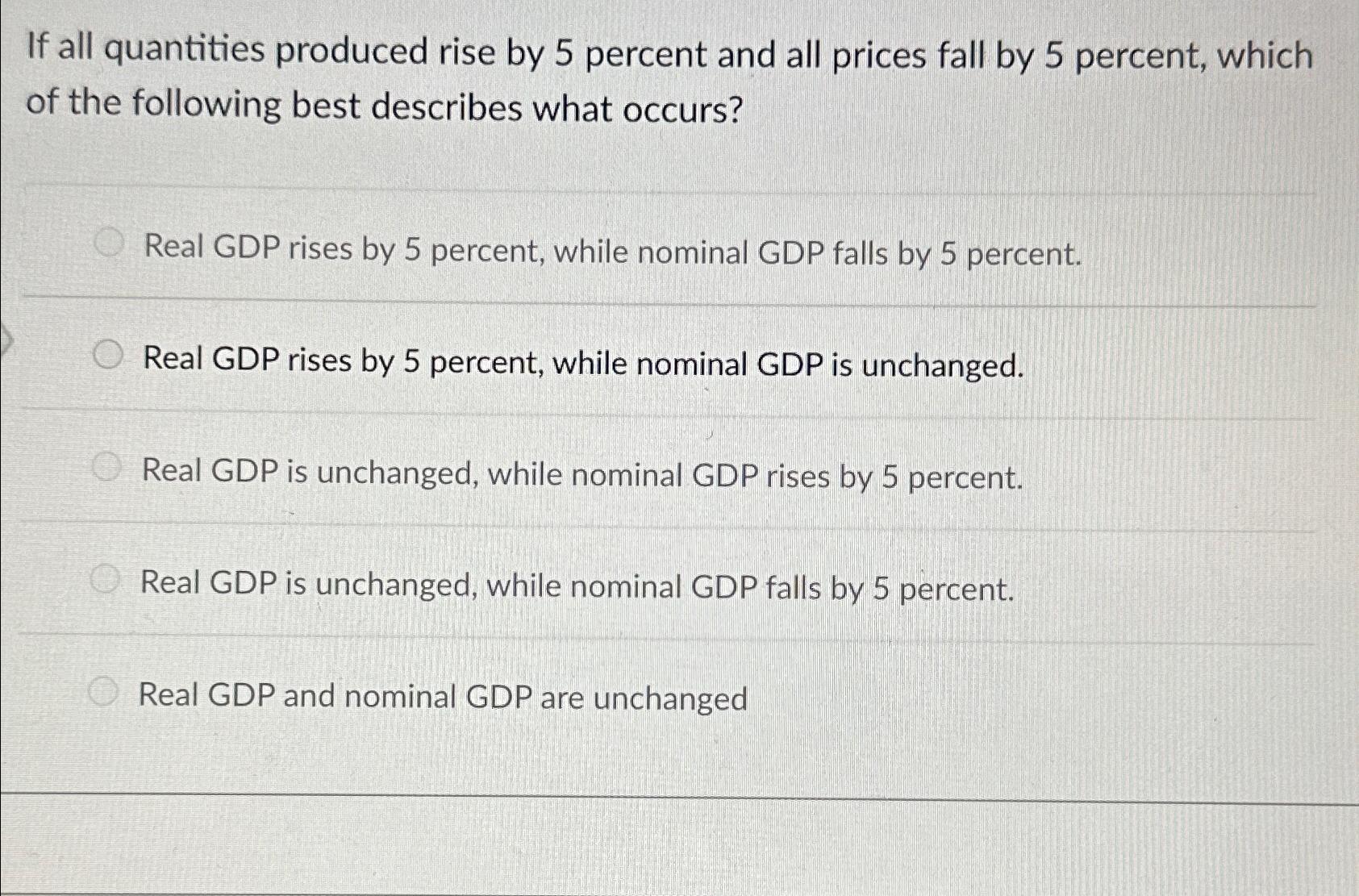 Solved If all quantities produced rise by 5 ﻿percent and all | Chegg.com