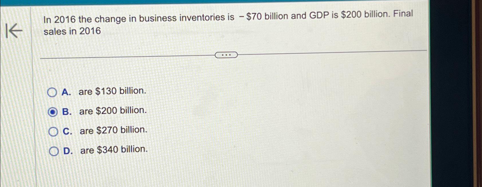 Solved In 2016 ﻿the change in business inventories is -$70 | Chegg.com