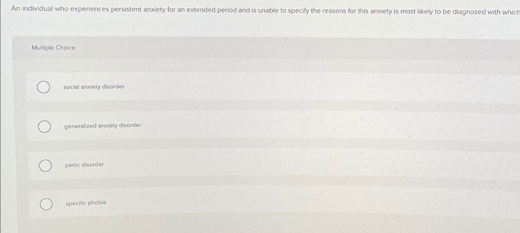 Solved An individual who experiences persistent anxiety for | Chegg.com