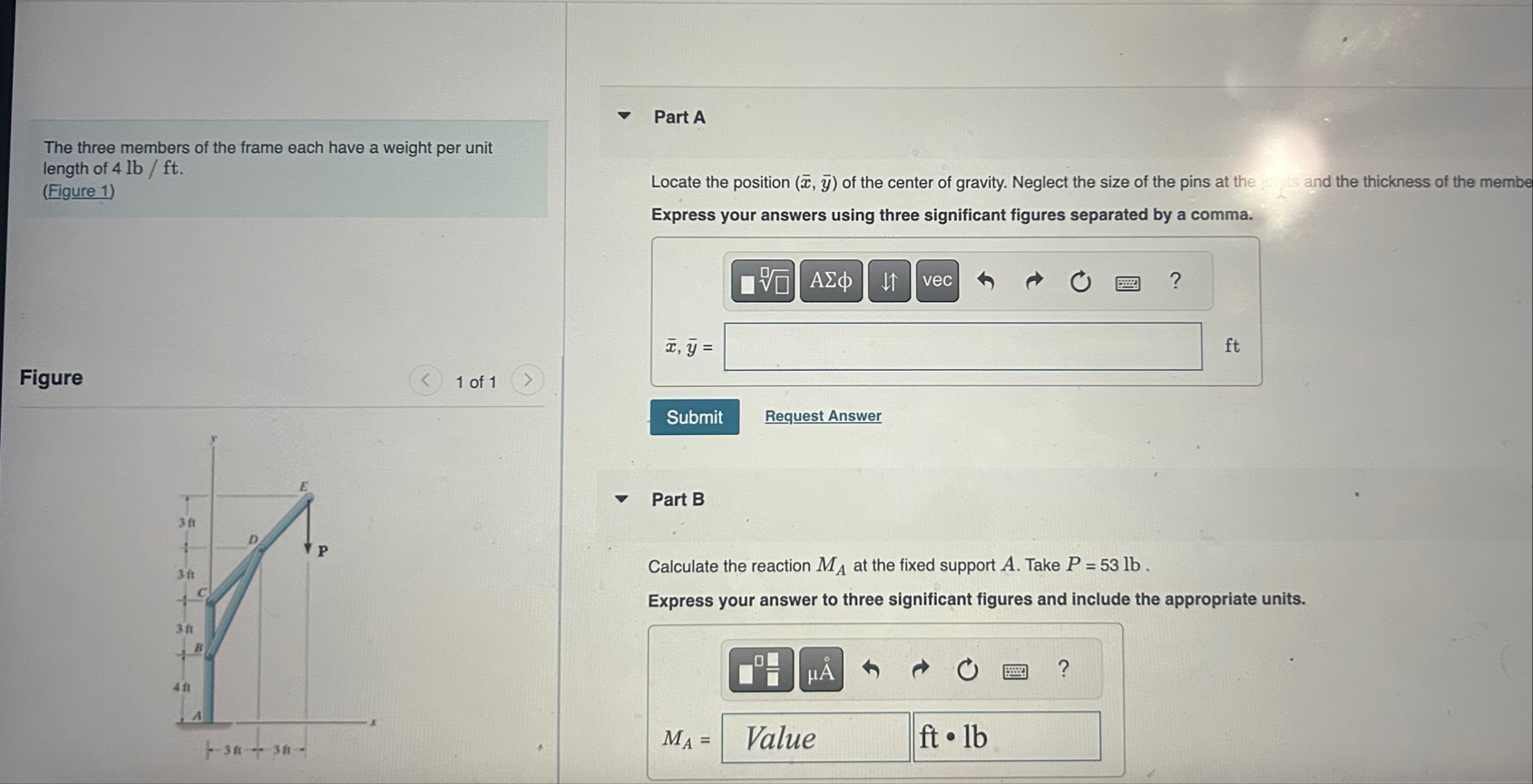 Solved The three members of the frame each have a weight per | Chegg.com