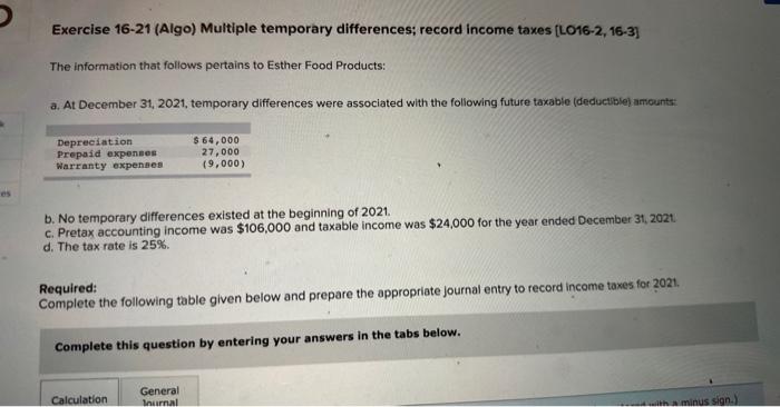 Solved Exercise 16-21 (Algo) Multiple temporary differences; | Chegg.com