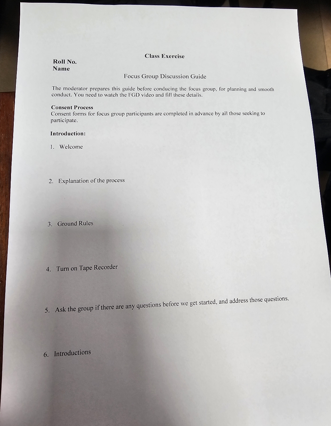 Solved Class ExerciseRoll No.NameFocus Group Discussion | Chegg.com