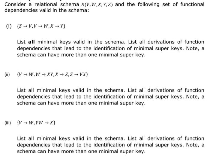 Solved Consider a relational schema R(V,W,X,Y,Z) and the | Chegg.com