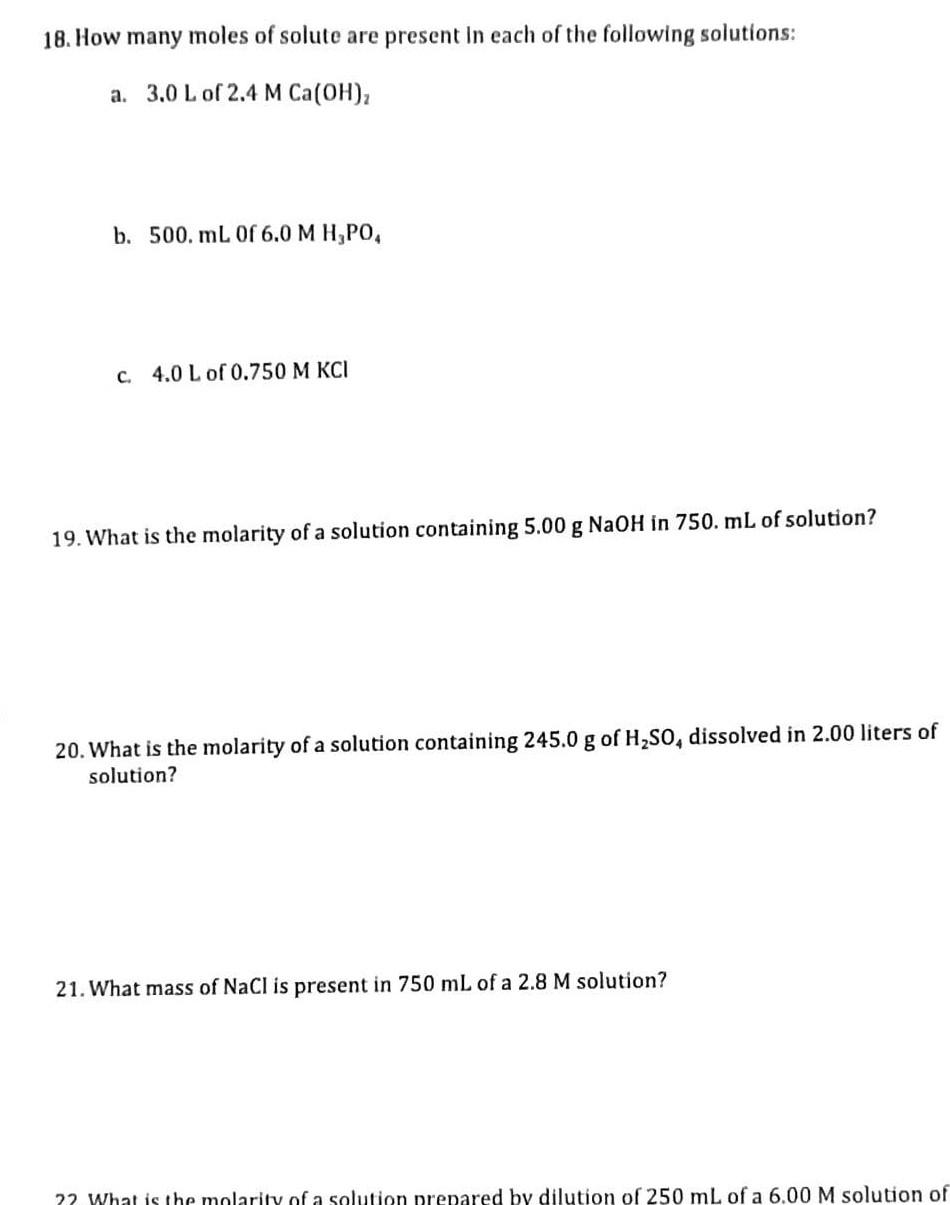 Solved 18. How many moles of solute are present In each of | Chegg.com