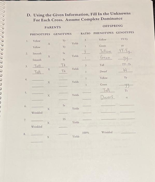 Solved D. Using the Given Information, Fill In the Unknowns | Chegg.com