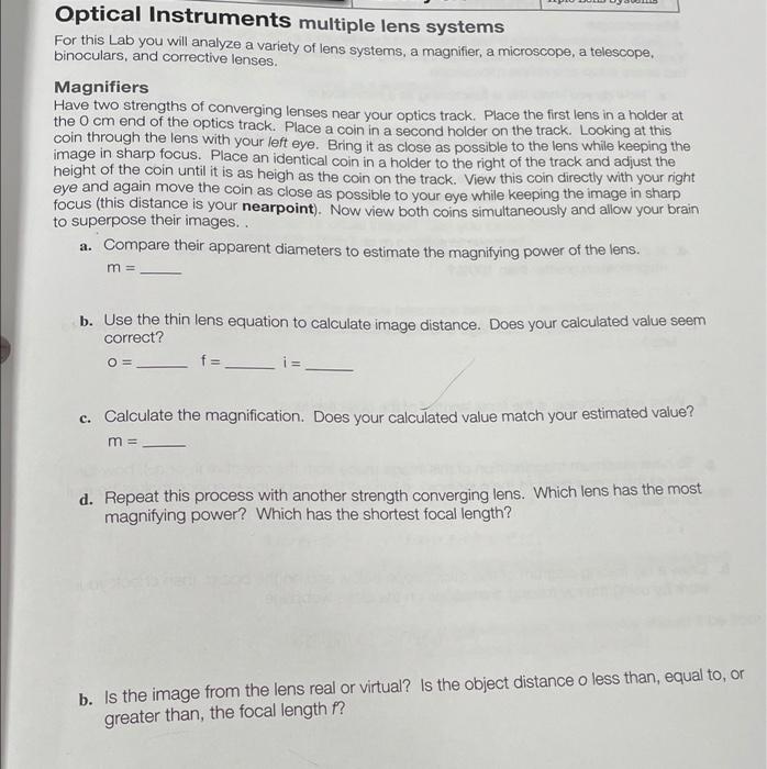 Solved Optical Instruments multiple lens systems For this | Chegg.com