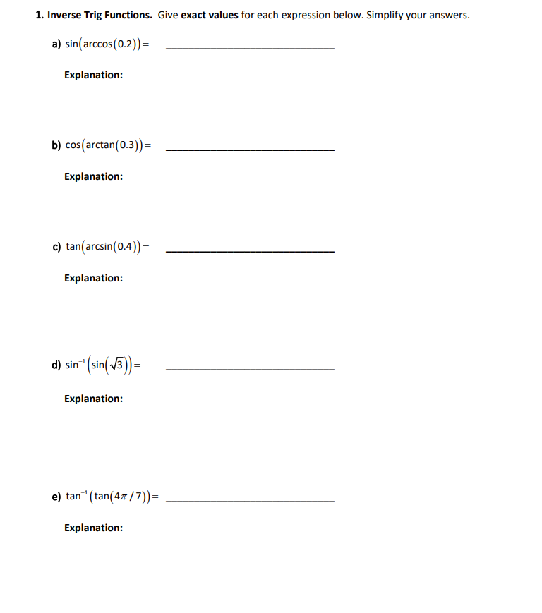Solved Inverse Trig Functions. Give exact values for each | Chegg.com