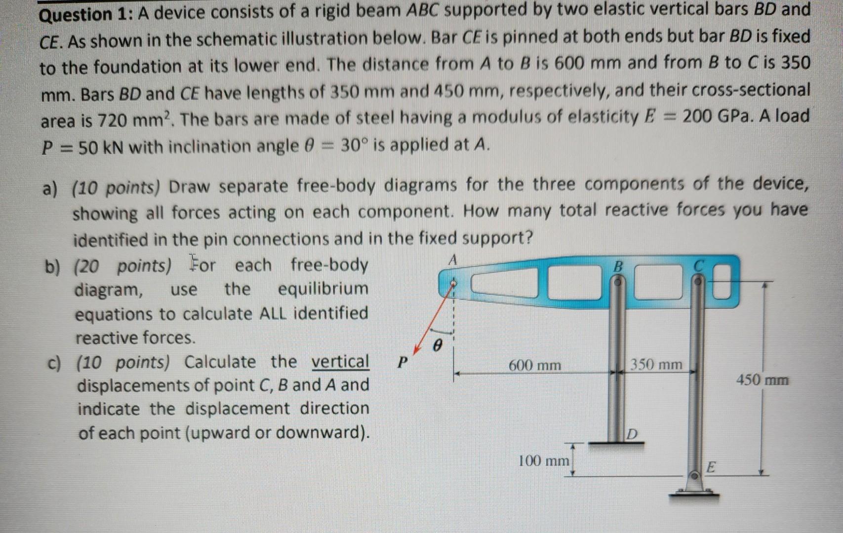 Solved Question 1: A device consists of a rigid beam ABC | Chegg.com