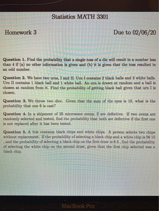 Solved Statistics MATH 3301 Homework 3 Due to 02/06/20 | Chegg.com