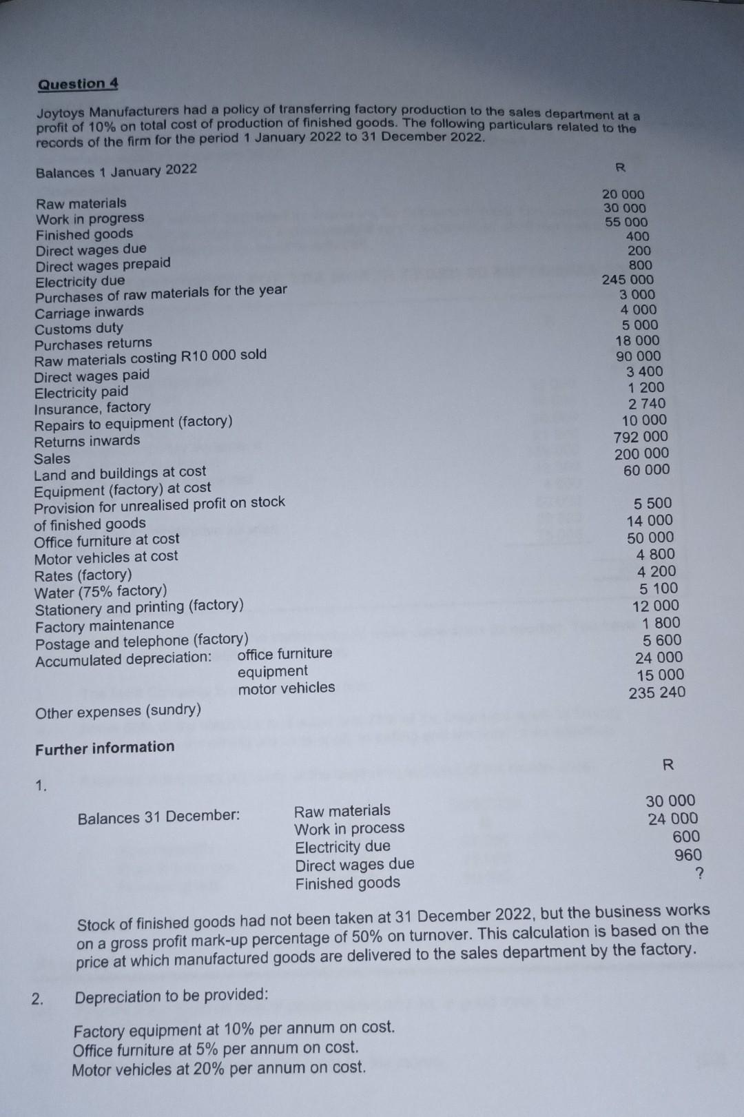 Solved Draw up the production cost statement and income | Chegg.com