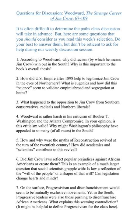 Questions for Discussion: Woodward. The Strange | Chegg.com