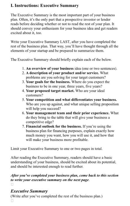 Full Business Plan Template for a Startup Business A | Chegg.com