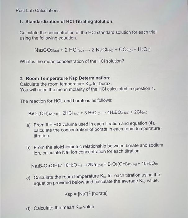 Post Lab Calculations 1. Standardization of HCl | Chegg.com