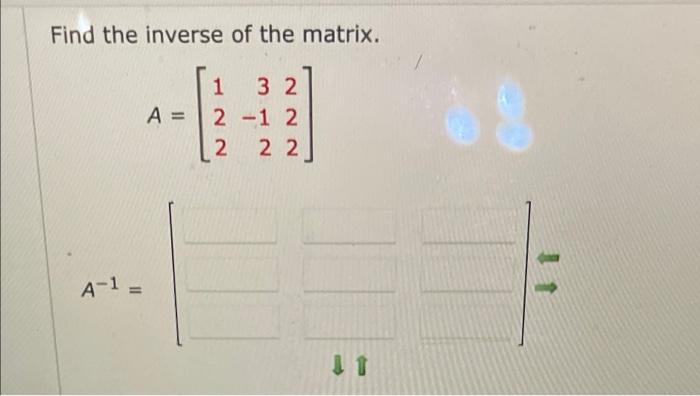 Solved Find the inverse of the matrix. A-1 A = 1 32 2-1 2 2 | Chegg.com