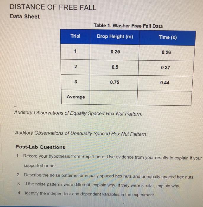 Solved Experiment 1 Distance Of Free Fall Data Sheet Table