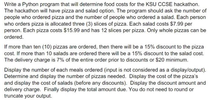 Solved Write A Python Program That Will Determine Food Costs 4229