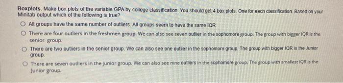 Solved Boxplots. Make box plots of the variable GPA by | Chegg.com