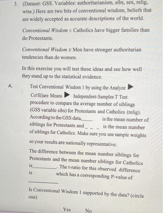 3. (Dataset: GSS. Variables: authoritarianism, sibs, | Chegg.com
