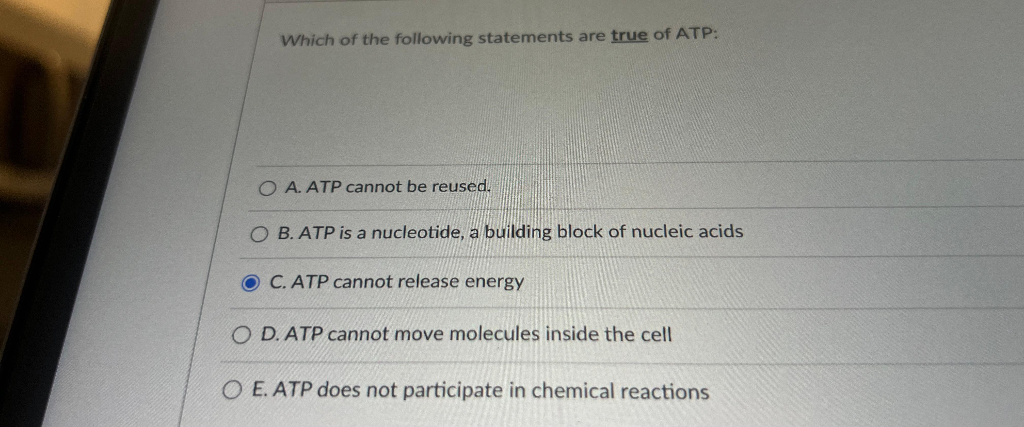 Solved Which of the following statements are true of ATP:A. | Chegg.com