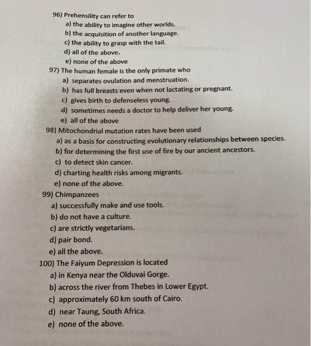 Solved 96) Prehensility can refer to a) the ability to | Chegg.com