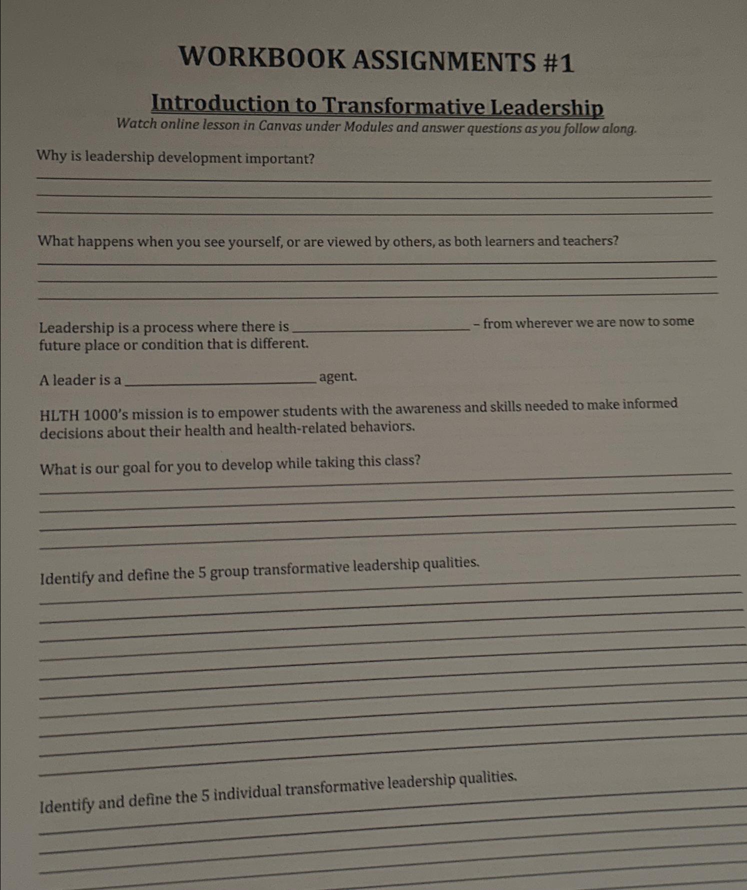 Solved WORKBOOK ASSIGNMENTS #1Introduction to Transformative | Chegg.com