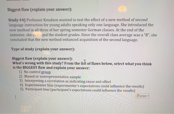 Solved Biggest flaw (explain your answer): Study #4) | Chegg.com
