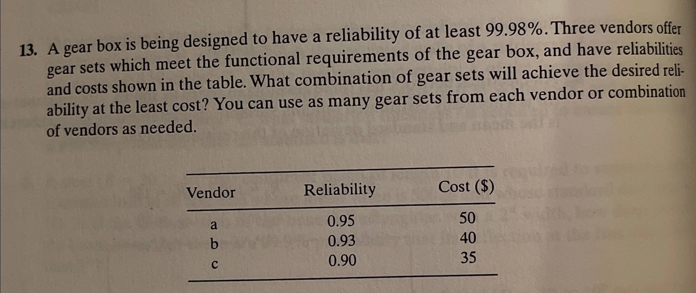 Solved A gear box is being designed to have a reliability of | Chegg.com