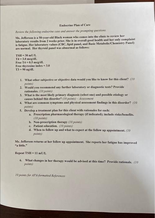 Solved Endocrine Plan of Care Review the following endocrine | Chegg.com