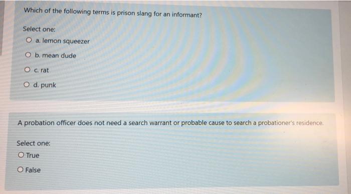 Solved Which of the following terms is prison slang for an | Chegg.com