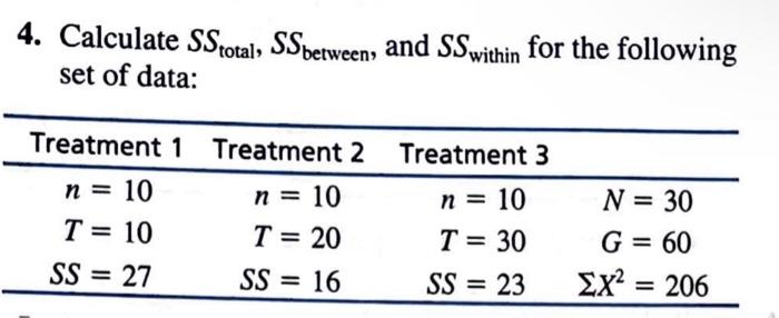 Solved 4. Calculate SStotal ,SSbetween , and SSwithin for | Chegg.com