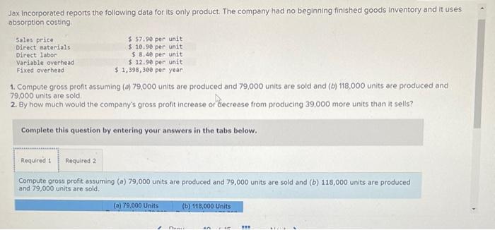 Solved Jax Incorporated reports the following data for its | Chegg.com