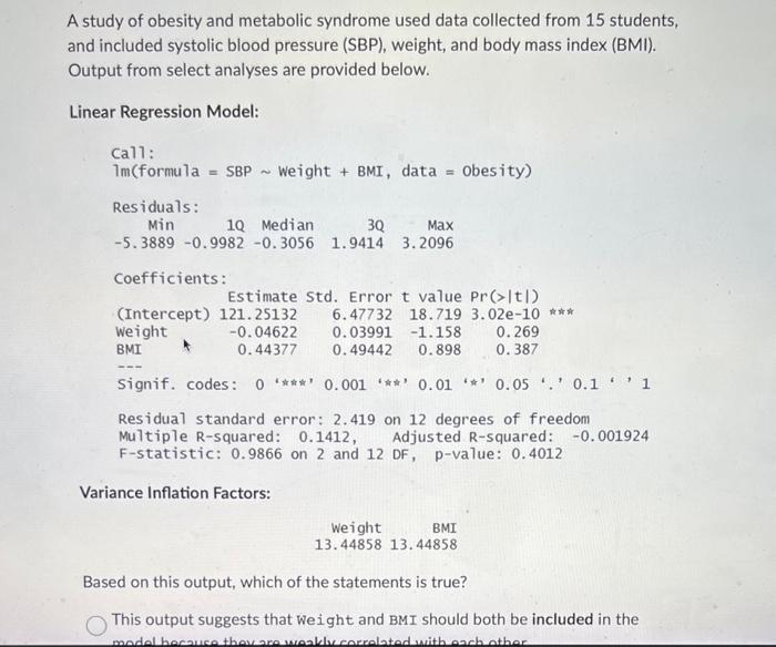 Solved A study of obesity and metabolic syndrome used data | Chegg.com