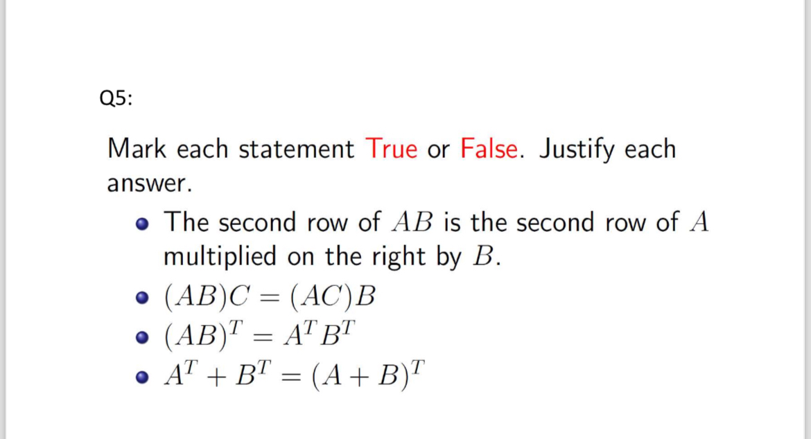 Q5:Mark each statement True or False. Justify each | Chegg.com