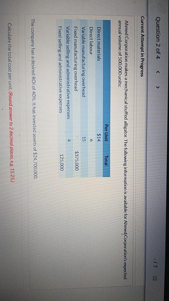Solved a. total cost per unit b. desired ROI per unit c. | Chegg.com