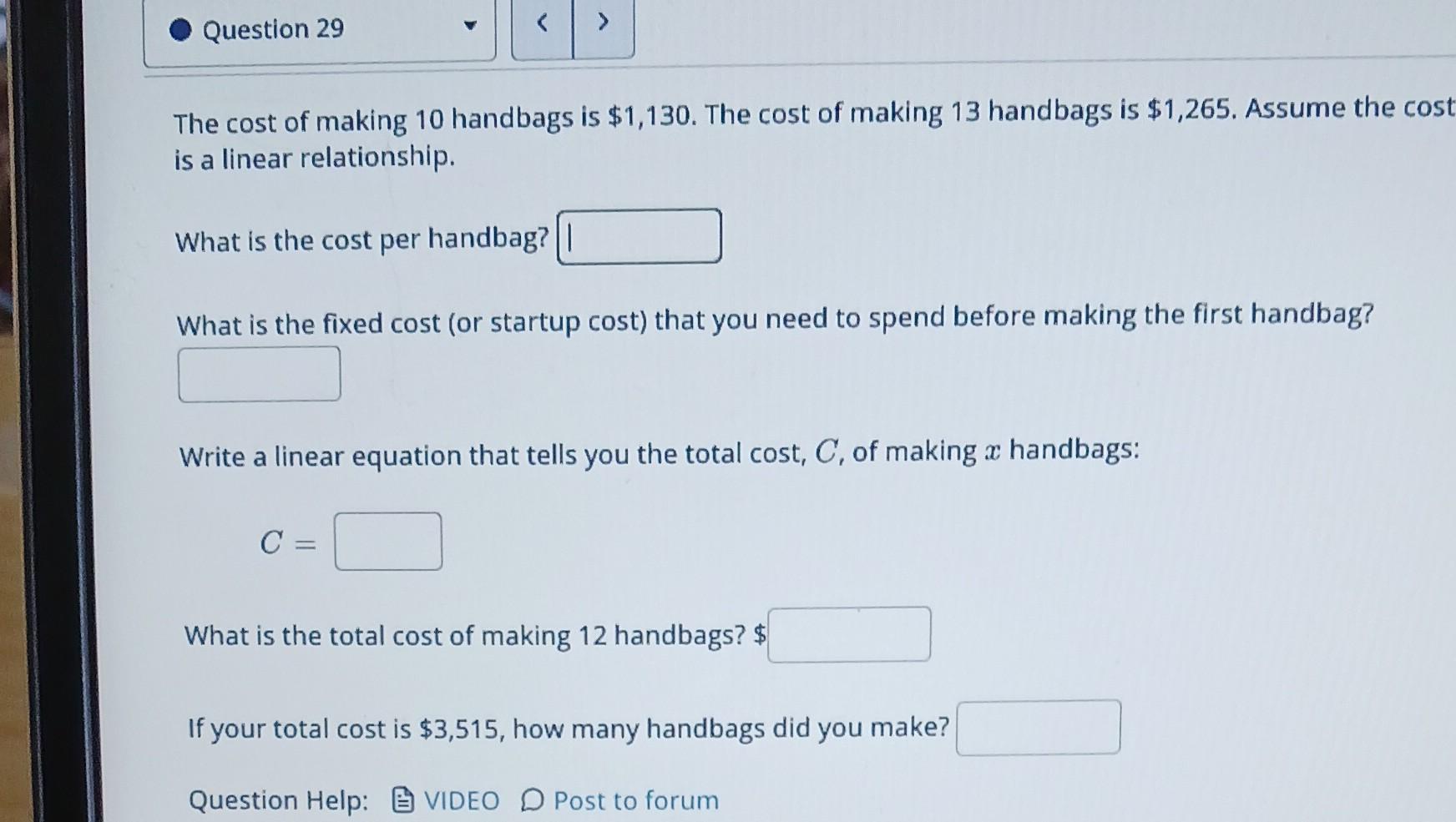 Solved The cost of making 10 handbags is $1,130. The cost of | Chegg.com
