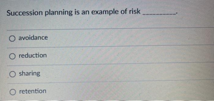 Solved Succession planning is an example of risk avoidance | Chegg.com
